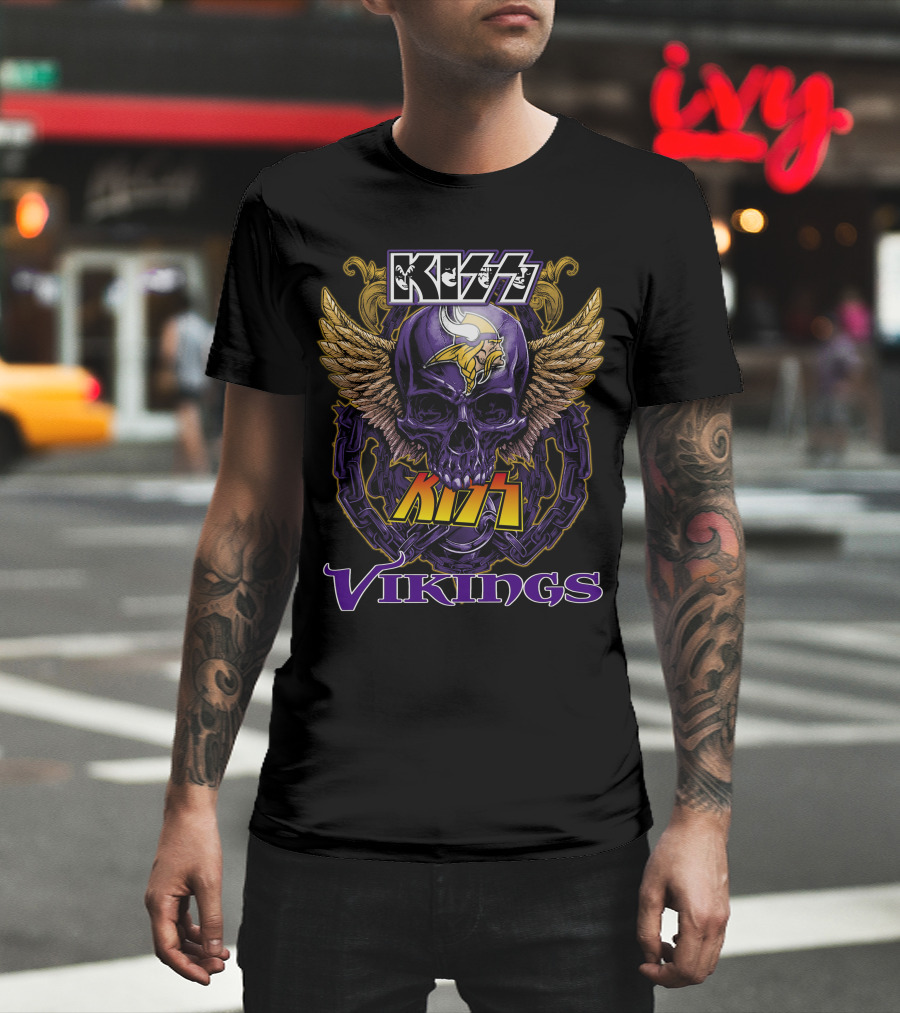 Kiss Vikings Skull With Minnesota Vikings Logo And Wings T-Shirt