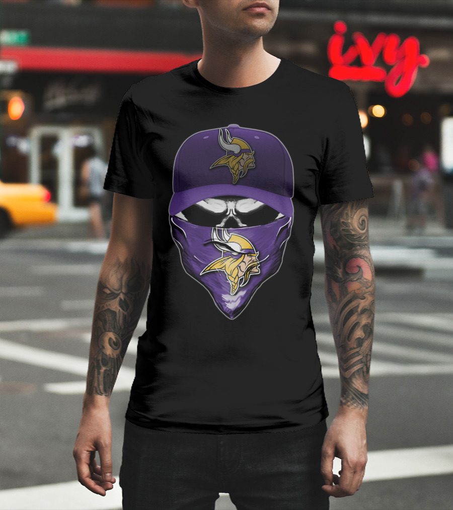 Skull Minnesota Vikings Logo Face Mask And Cap T-Shirt