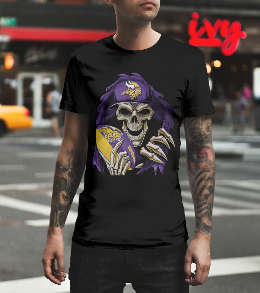 Minnesota Vikings Skull With Football And Cap T-Shirt