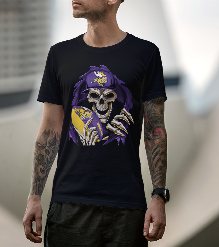 Minnesota Vikings Skull With Football And Cap T-Shirt