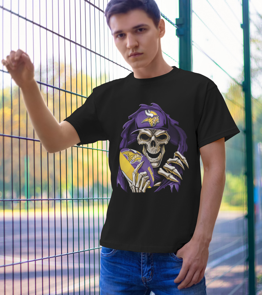 Minnesota Vikings Skull With Football And Cap T-Shirt