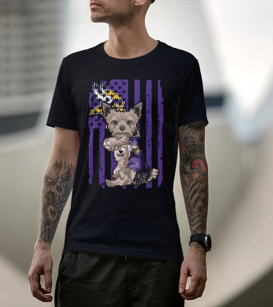 Yorkshire Terrier Wearing Minnesota Vikings I Love Mom Shirt With Viking Head And Purple Distressed Stripes Background T-Shirt
