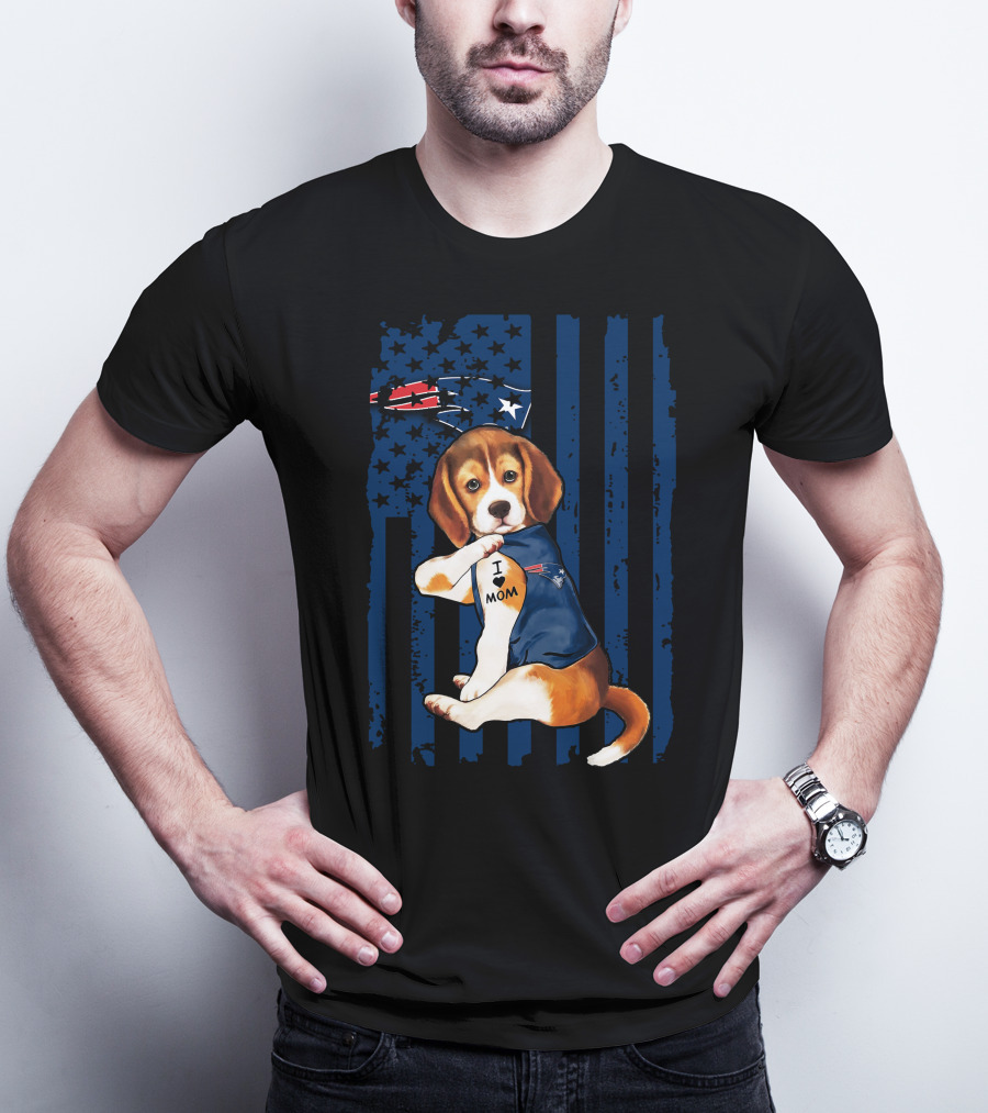 Patriotic Beagle Wearing New England Patriots Jersey I Love Mom T-Shirt