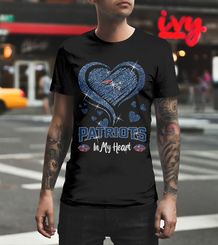 Patriots In My Heart New England Football Sparkle Hearts T-Shirt