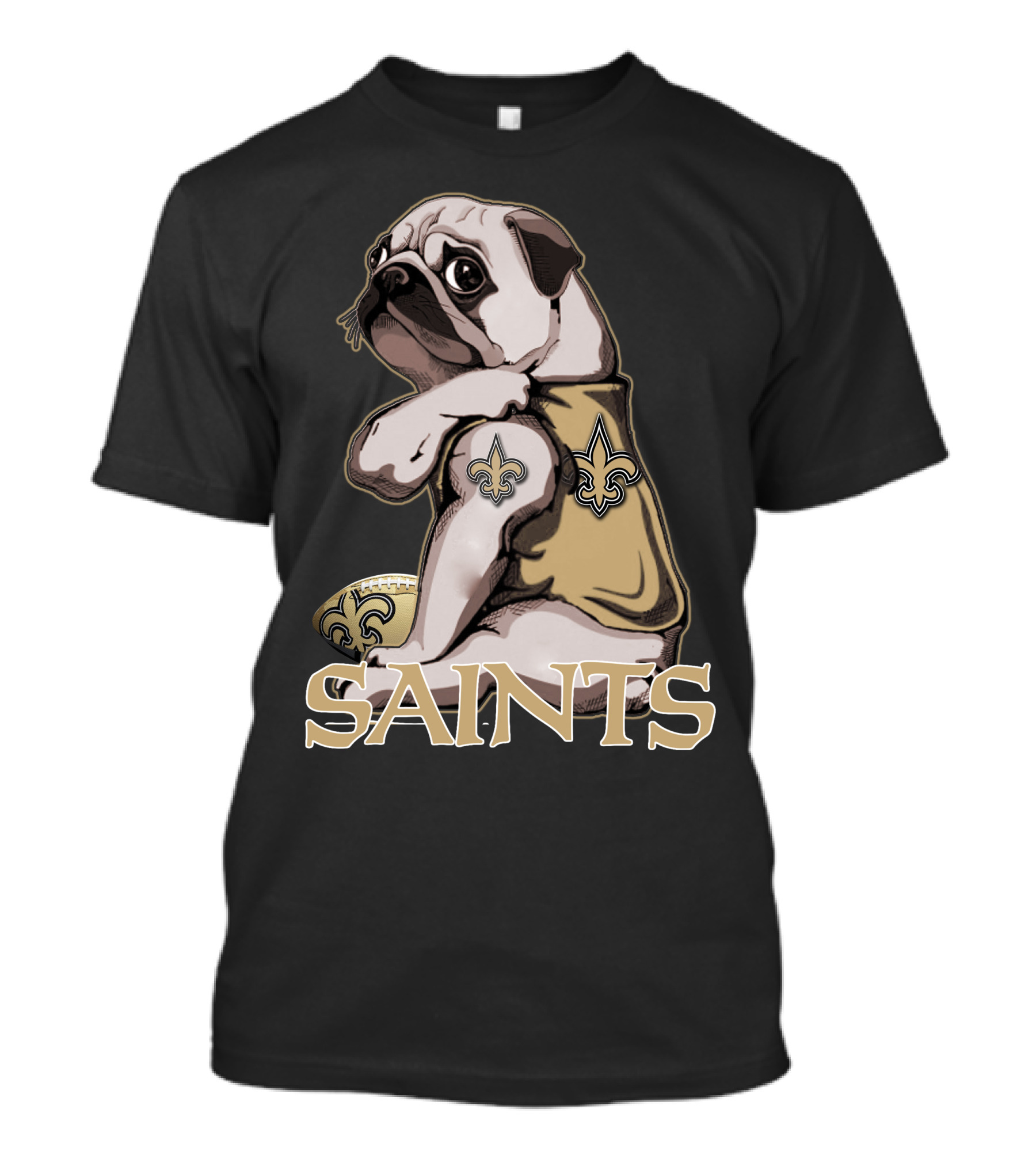 Pug Wearing New Orleans Saints Jersey With Fleur-de-Lis Tattoo And Football T-Shirt