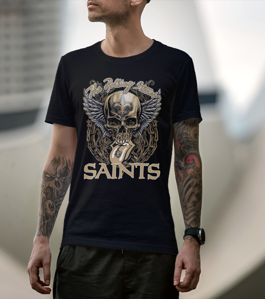 The Rolling Stones New Orleans Saints Skull And Winged Logo With Fleur-De-Lis And Tongue Chain T-Shirt