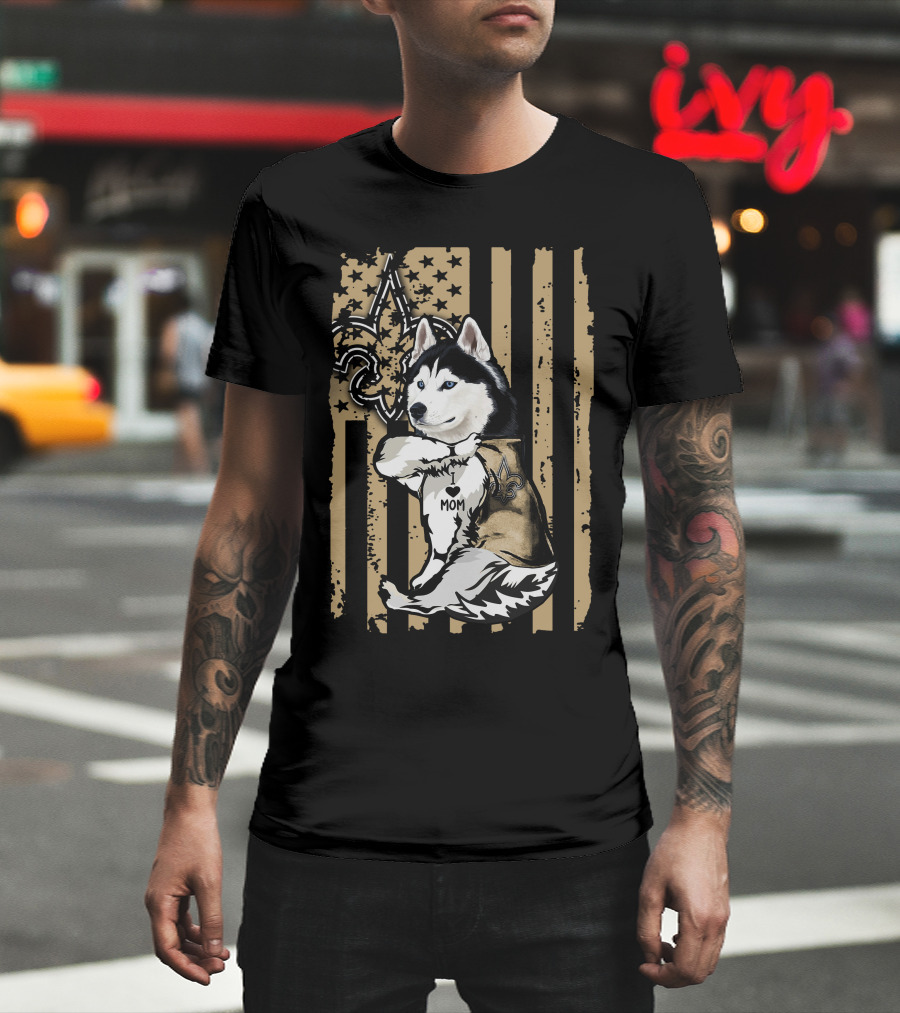Siberian Husky Mom New Orleans Saints Fleur-de-Lis American Flag T-Shirt