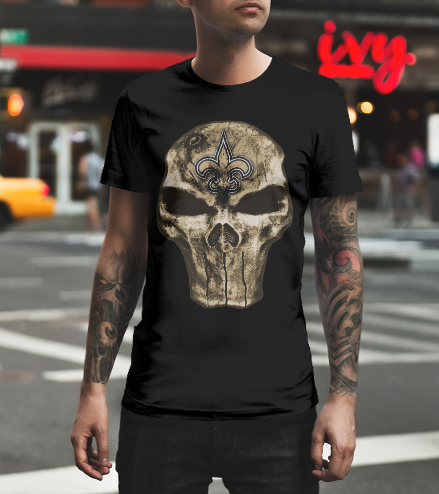 Skull V4 New Orleans Saints Fleur-De-Lis Emblem T-Shirt