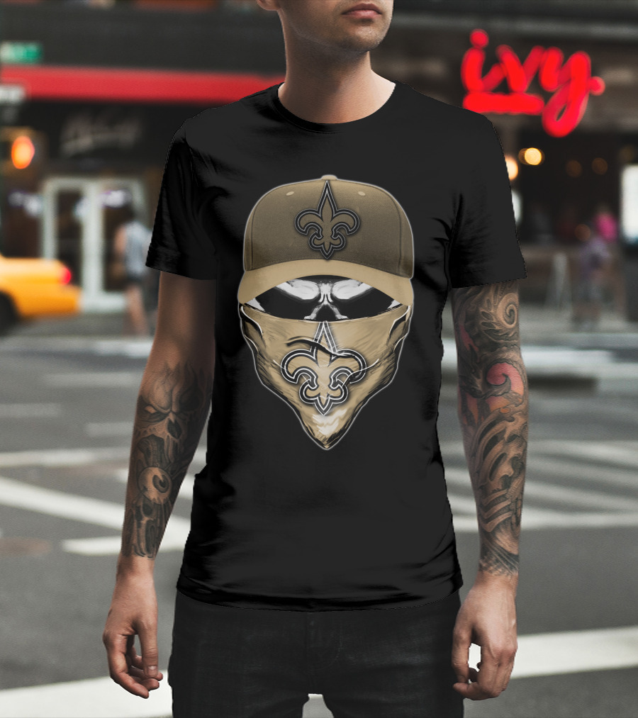 Skull V6 New Orleans Saints Fleur-de-Lis Mask And Cap T-Shirt