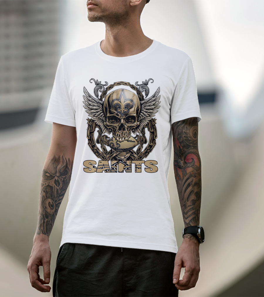 Saints Skullfb Winged Skull With Fleur-de-lis And Chains T-Shirt