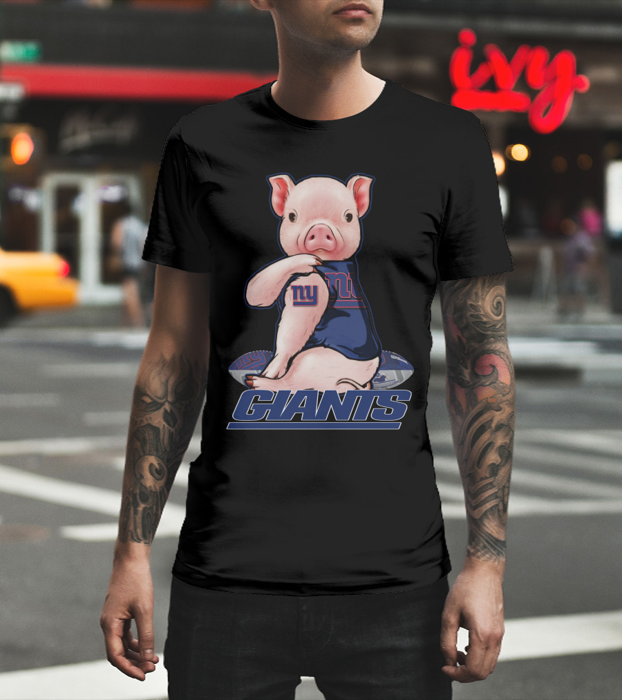 Pig Wearing New York Giants Jersey Sitting On Football Giants T-Shirt