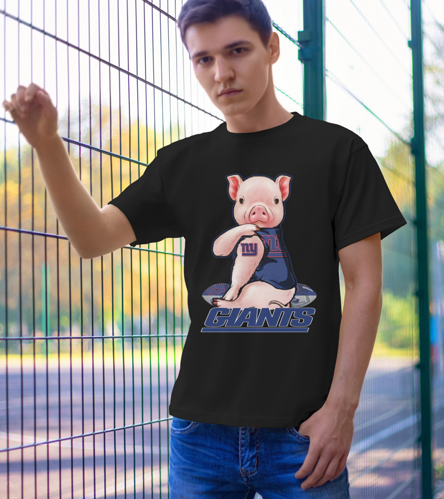 Pig Wearing New York Giants Jersey Sitting On Football Giants T-Shirt