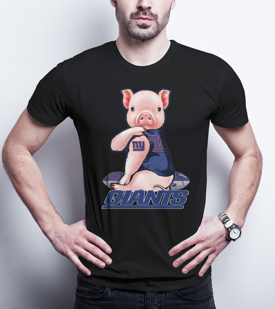 Pig Wearing New York Giants Jersey Sitting On Football Giants T-Shirt