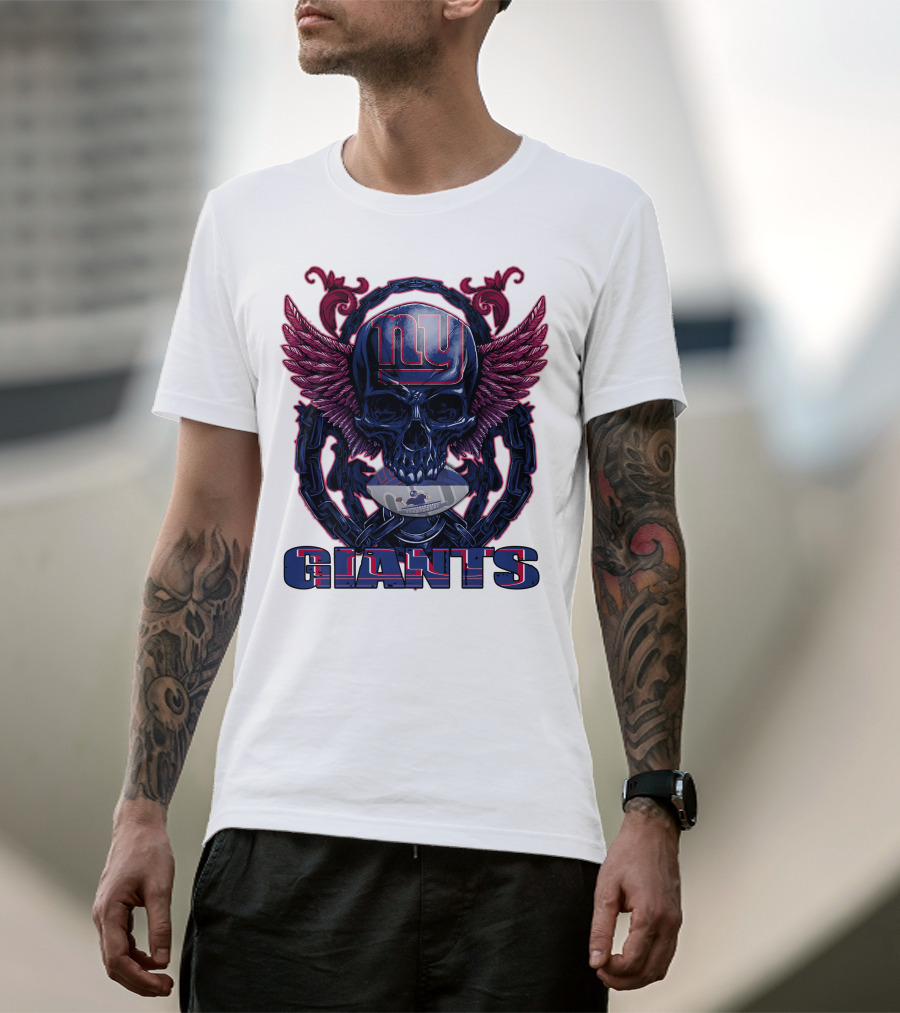 Skullfb New York Giants Winged Skull Design With Football Helmet And Chains T-Shirt
