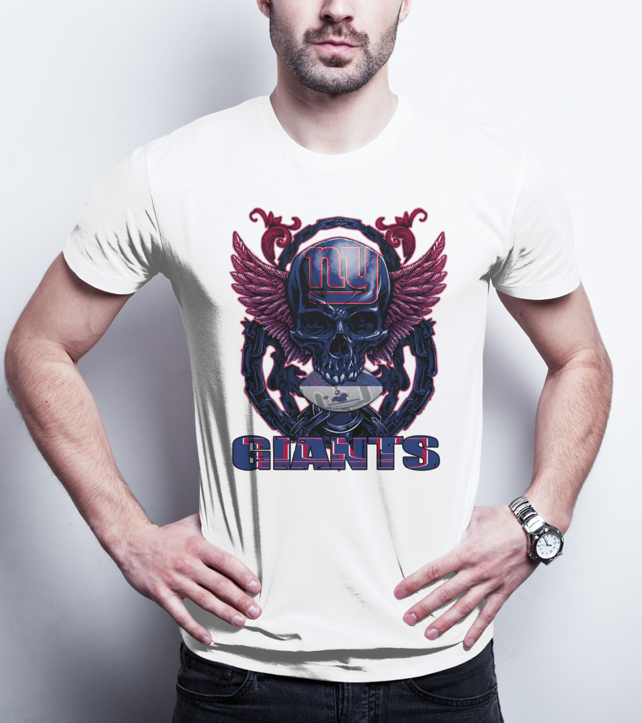 Skullfb New York Giants Winged Skull Design With Football Helmet And Chains T-Shirt