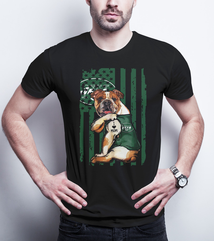 Bulldog In New York Jets Shirt With I Love Mom Tattoo T-Shirt