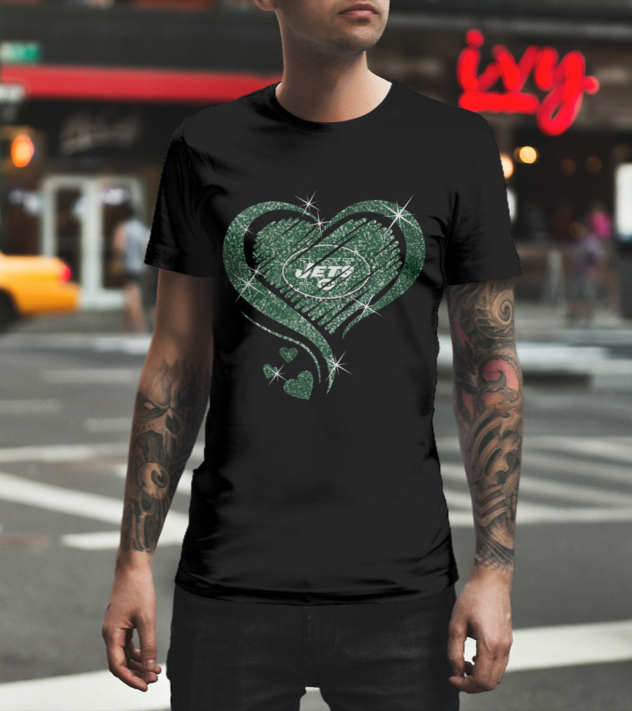 Heart Diamond Jets Glitter Green Football Fan T-Shirt