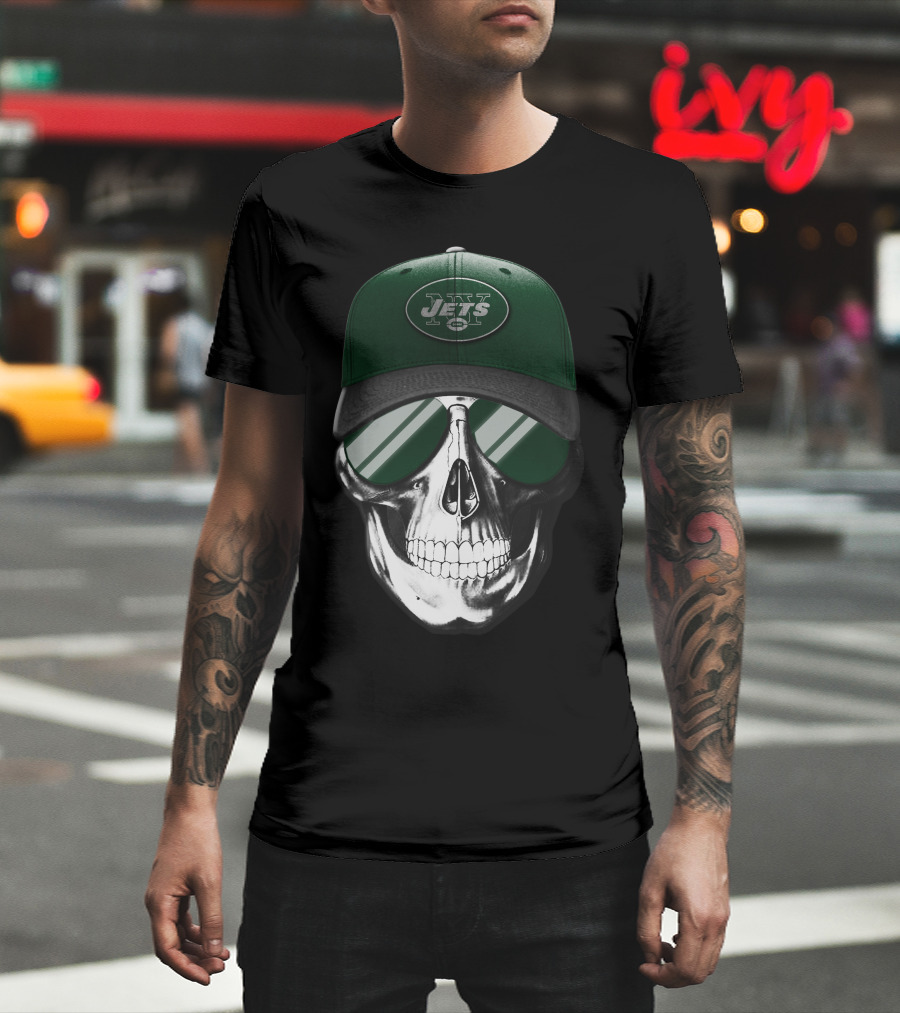 Skull V7 New York Jets Hat And Sunglasses T-Shirt