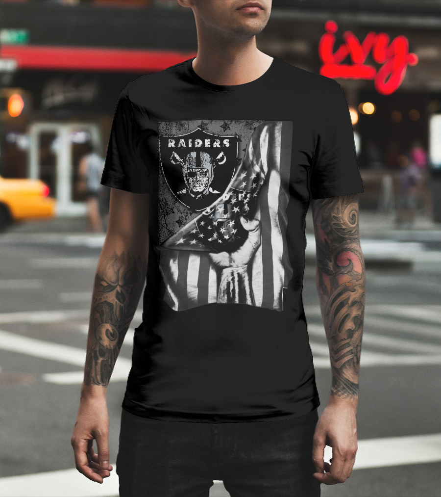 Raiders Shield With American Flag And Hand Holding Stars Grayscale T-Shirt