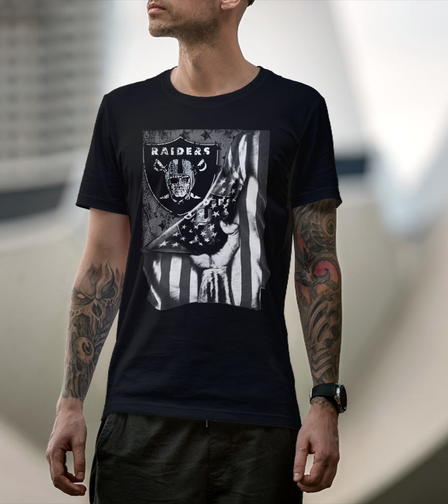 Raiders Shield With American Flag And Hand Holding Stars Grayscale T-Shirt
