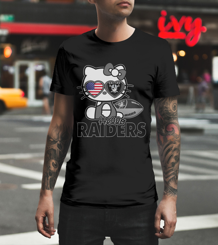 Hello Kitty Raiders American Flag Heart Glasses And Football T-Shirt