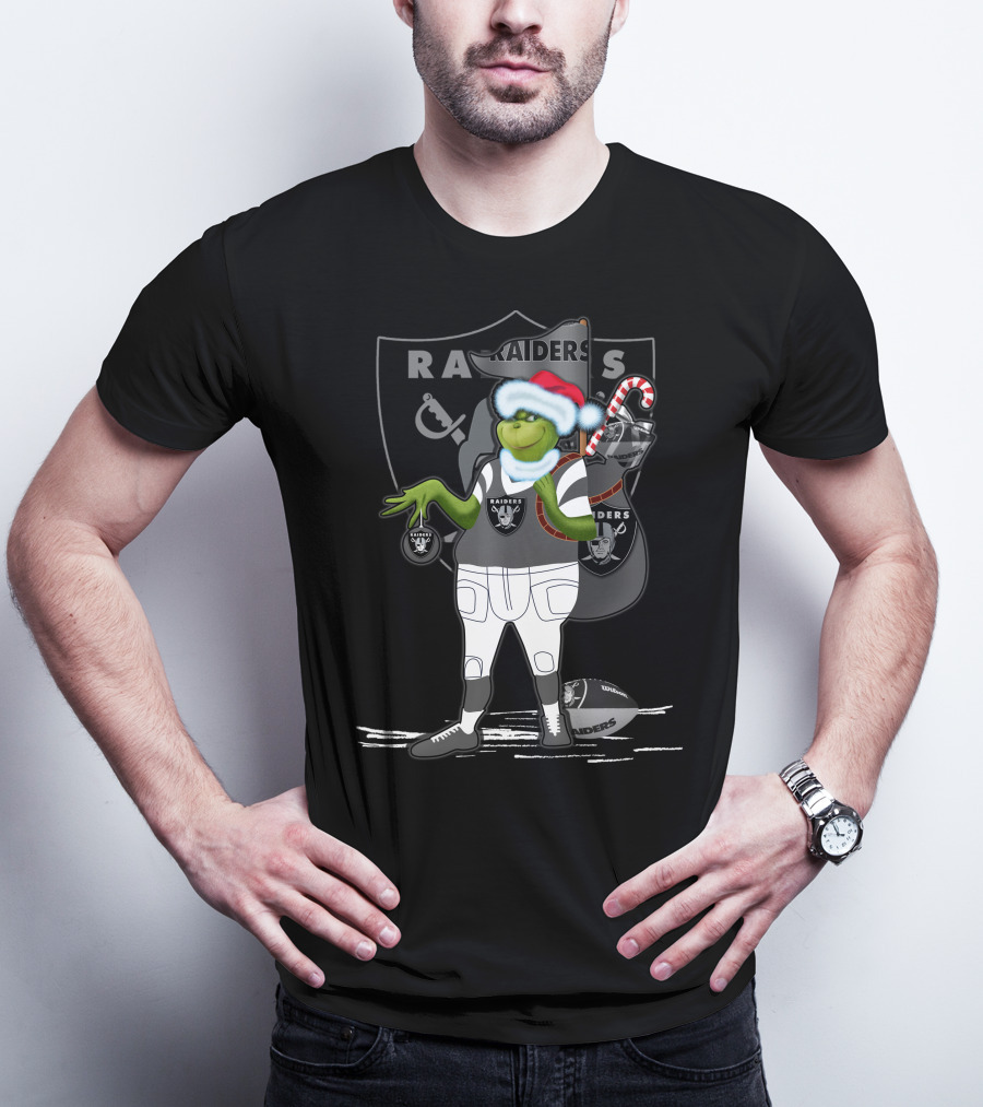 Grinchxmas Raiders Santa Hat Candy Cane Football T-Shirt