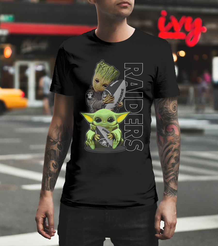 Grzd Oakland Raiders Groot Baby Yoda Football T-Shirt