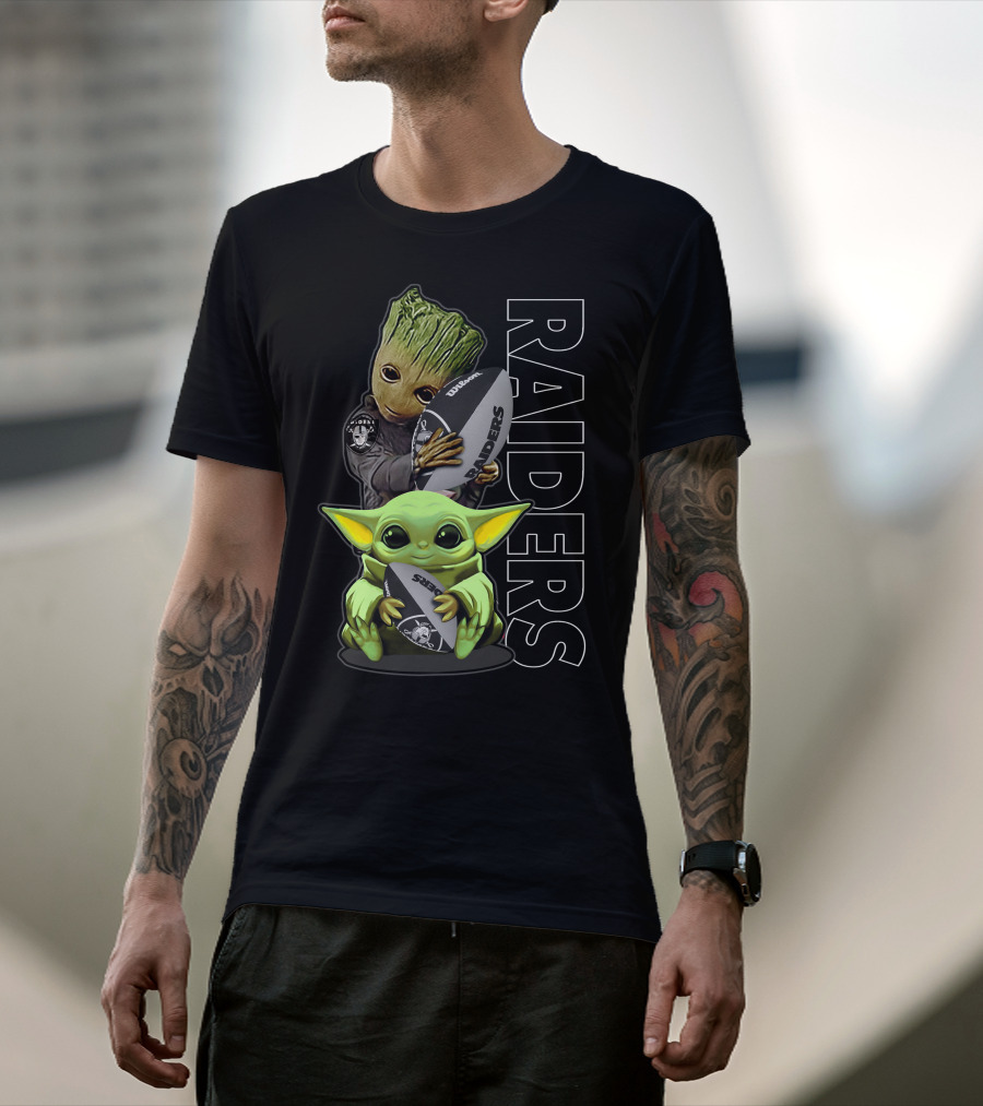Grzd Oakland Raiders Groot Baby Yoda Football T-Shirt
