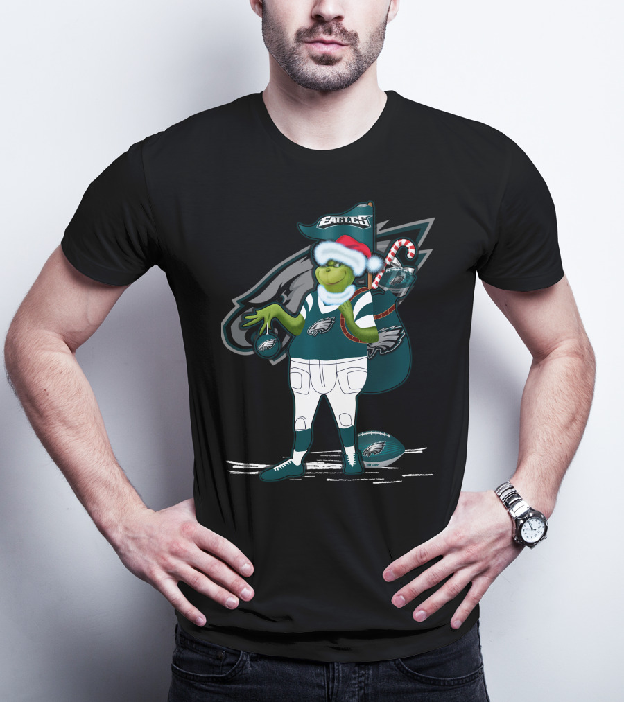 Grinchxmas Philadelphia Eagles Santa Hat Football T-Shirt