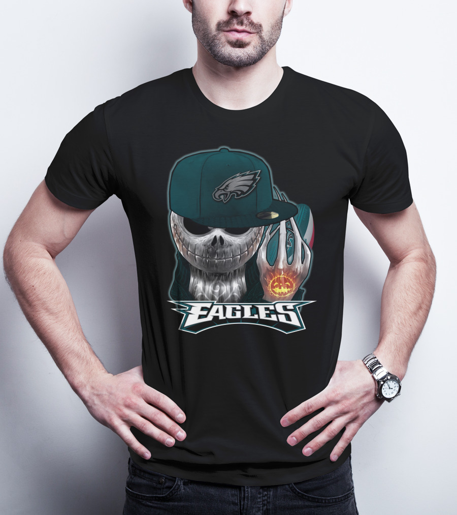 Jackskull Philadelphia Eagles Football Fan Skull Cap Halloween Pumpkin T-Shirt