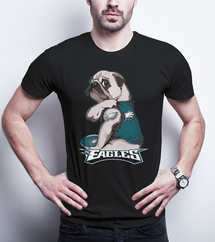 Pug Wearing Eagles Jersey With Football And Eagles Text T-Shirt