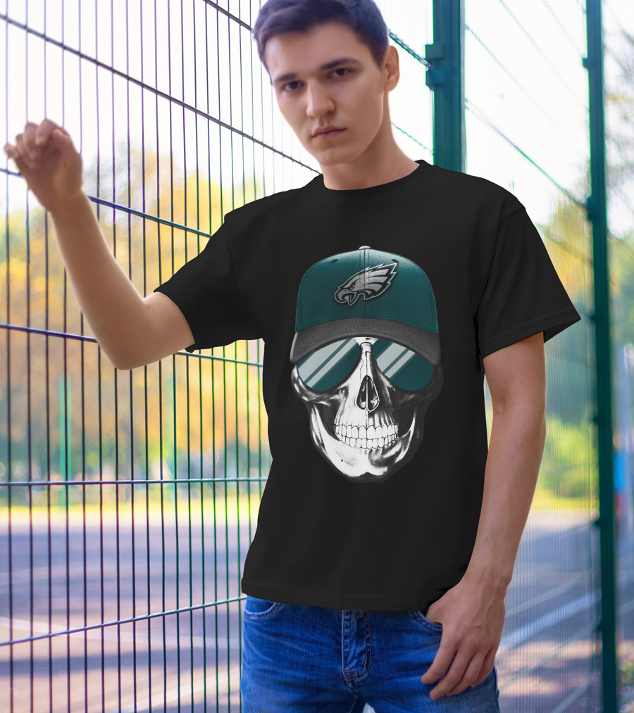 Skull Wearing Philadelphia Eagles Logo Hat And Sunglasses T-Shirt