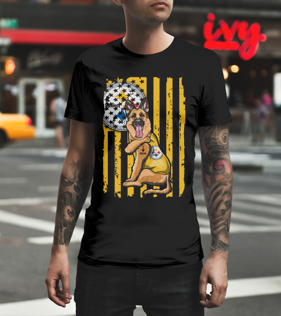 German Shepherd Steelers Fan With I Love Mom Tattoo And Team T-Shirt