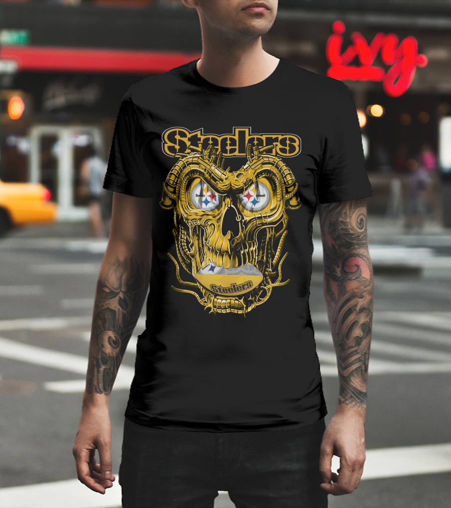 Steelers Dragonskull Yellow Mechanical Skull With Pittsburgh Steelers Logo Eyes T-Shirt