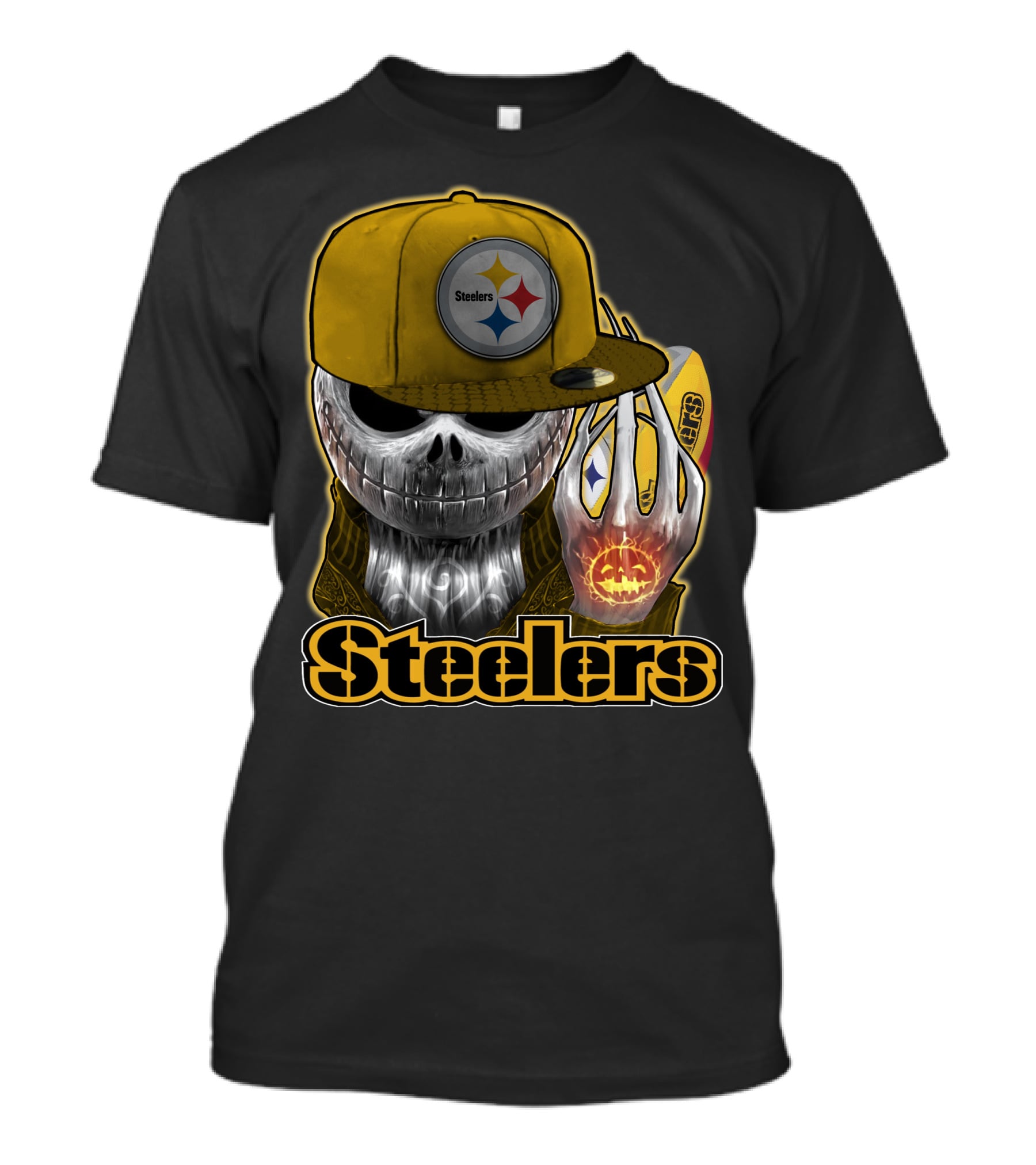 Steelers Skull With Yellow Cap And Pumpkin Hand T-Shirt