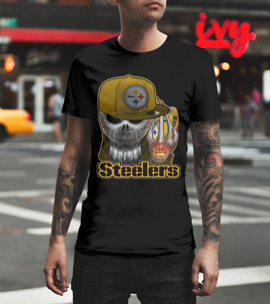 Steelers Skull With Yellow Cap And Pumpkin Hand T-Shirt