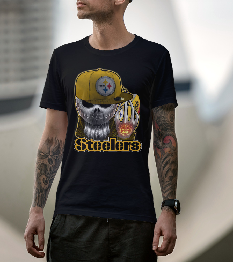 Steelers Skull With Yellow Cap And Pumpkin Hand T-Shirt