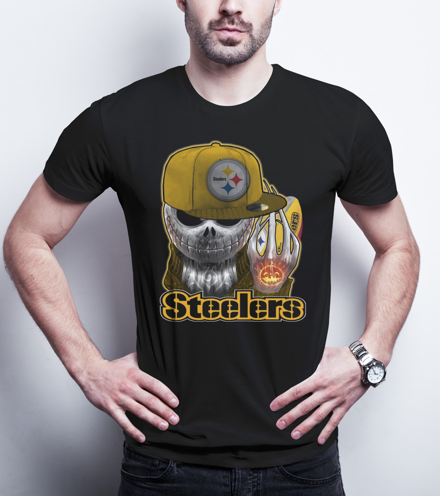 Steelers Skull With Yellow Cap And Pumpkin Hand T-Shirt