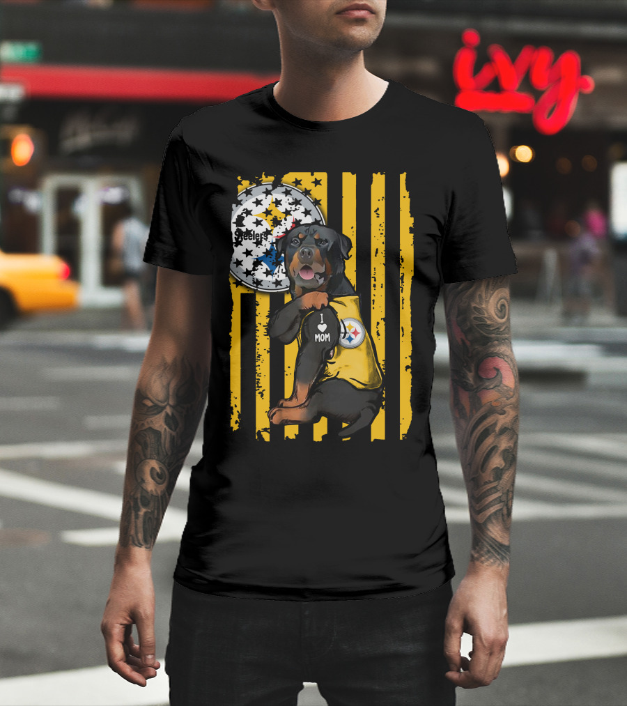 Rottweiler I Love Mom Pittsburgh Steelers Fan Stripes T-Shirt