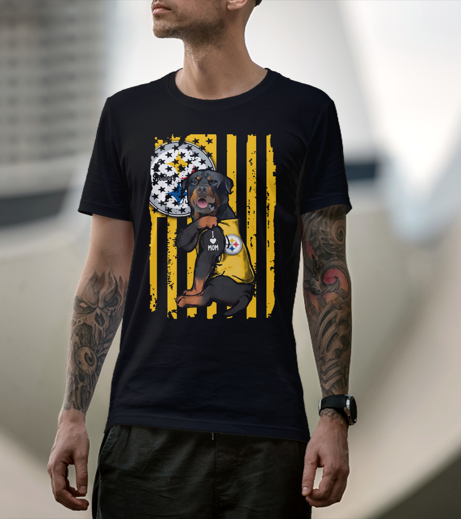 Rottweiler I Love Mom Pittsburgh Steelers Fan Stripes T-Shirt