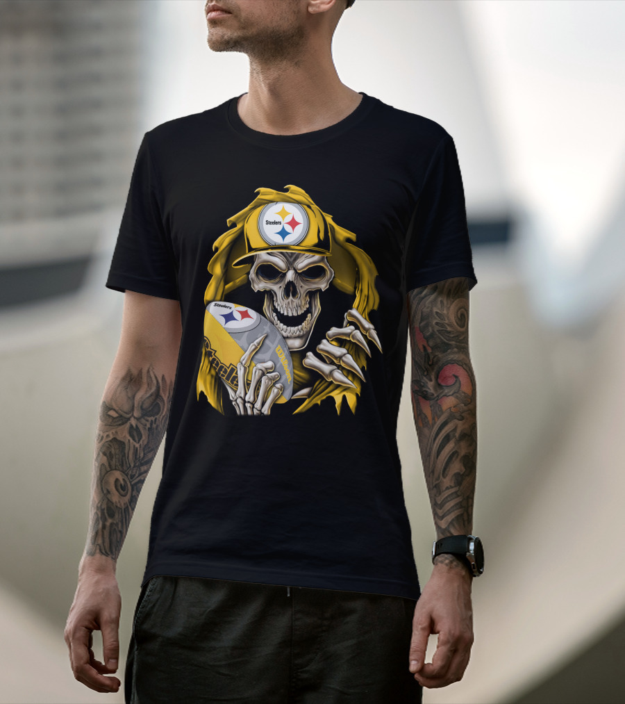 Skullbong Steelers Skeleton With Football And Cap T-Shirt