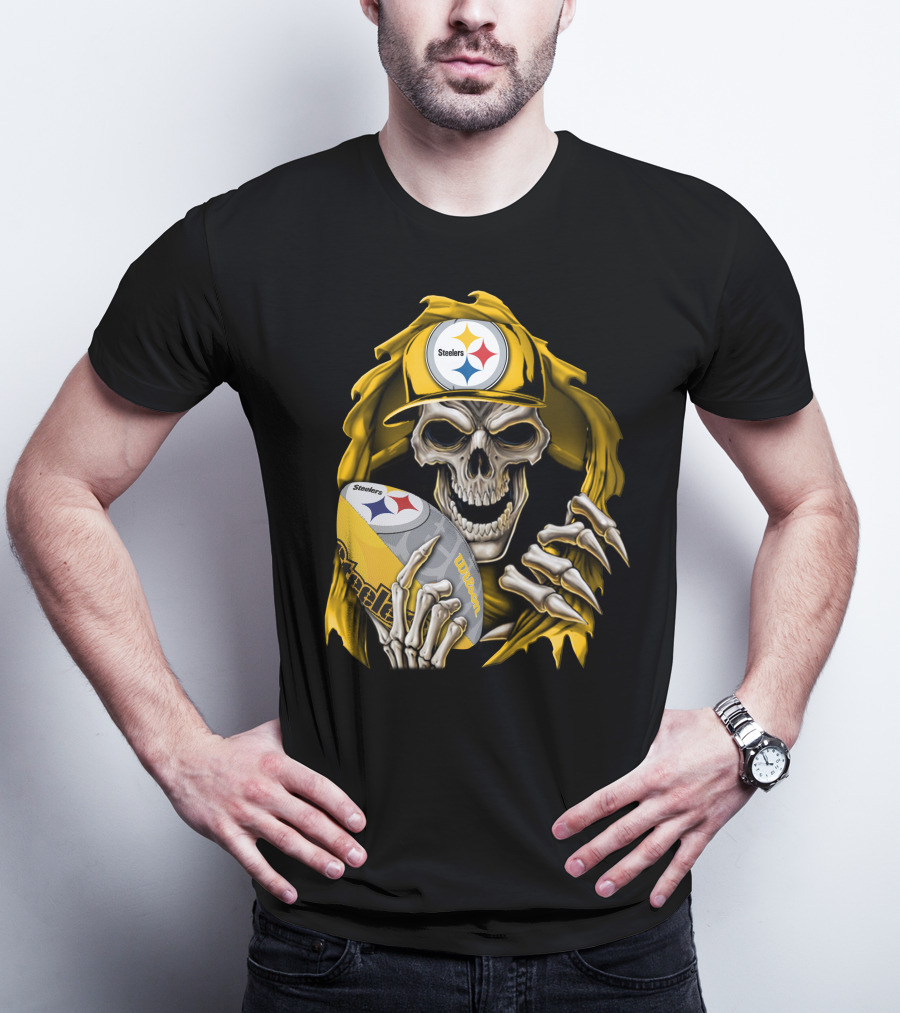Skullbong Steelers Skeleton With Football And Cap T-Shirt