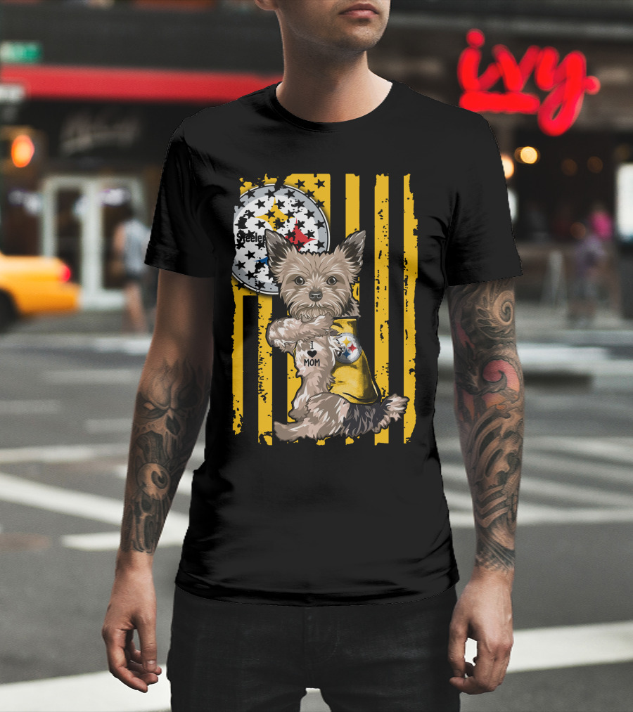 Yorkshire Terrier I Love Mom Pittsburgh Steelers Fan Stripes T-Shirt