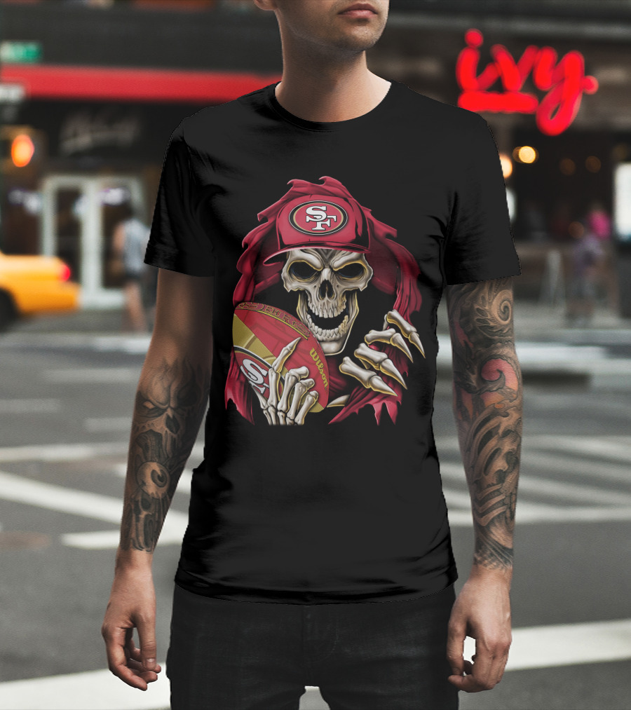 San Francisco 49ers Skull Holding Football With SF Cap T-Shirt