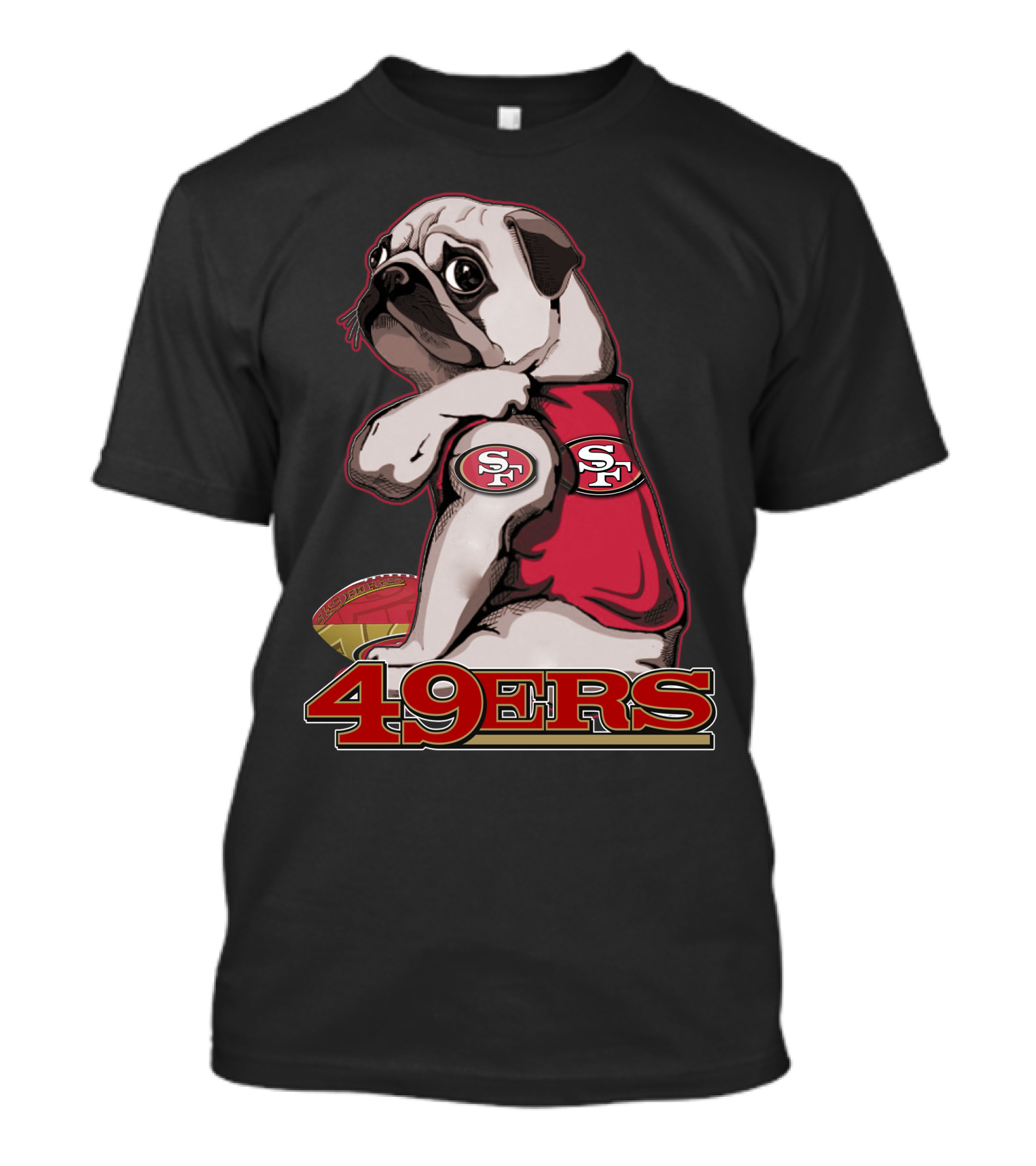 Pug Wearing San Francisco 49ers Gear With Football T-Shirt