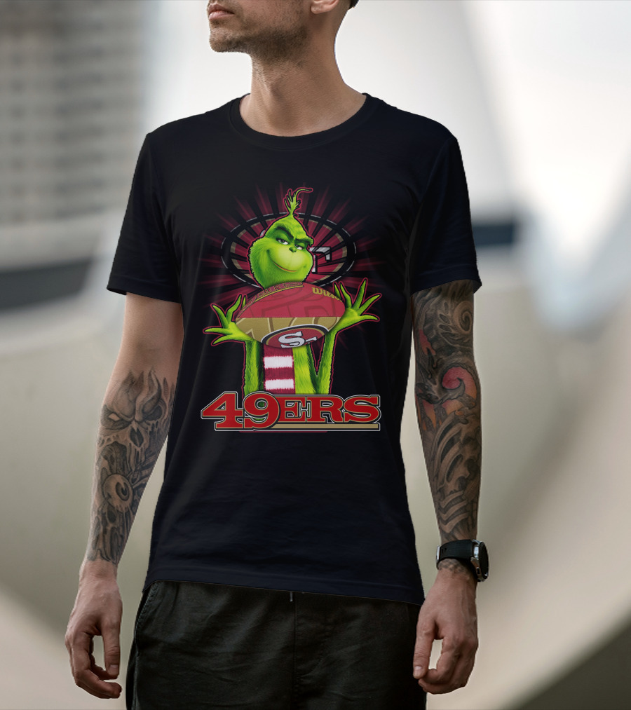 Grinch Holding Football San Francisco 49ers Logo 49ers T-Shirt