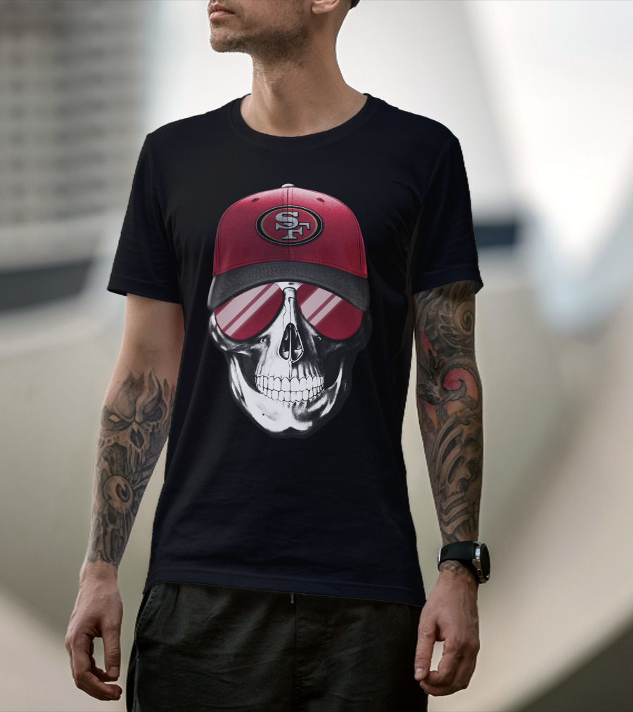 Skull V7 San Francisco 49ers SF Logo Hat And Sunglasses T-Shirt