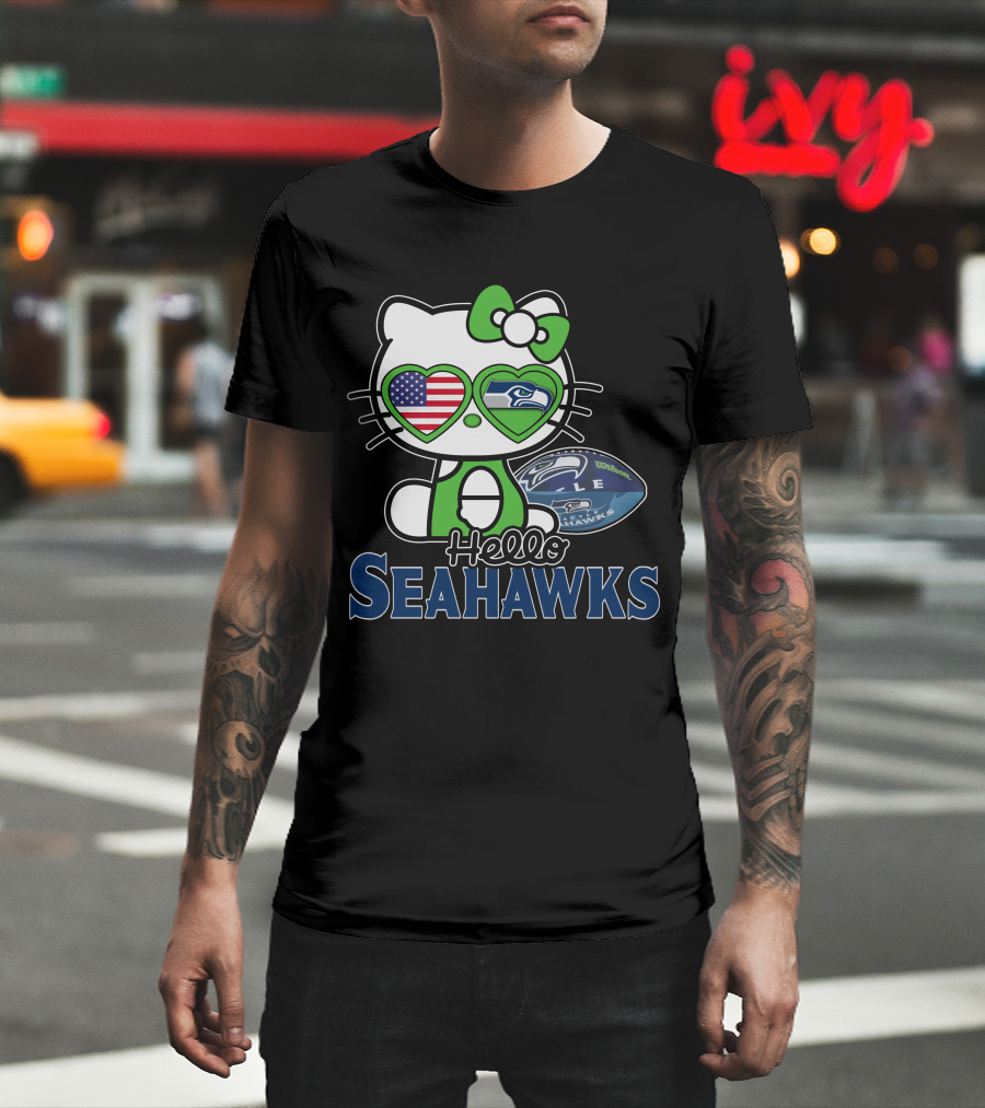 Hello Kitty Seahawks Football Fan USA Heart Glasses T-Shirt