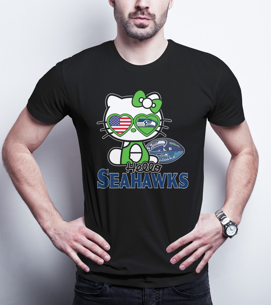 Hello Kitty Seahawks Football Fan USA Heart Glasses T-Shirt