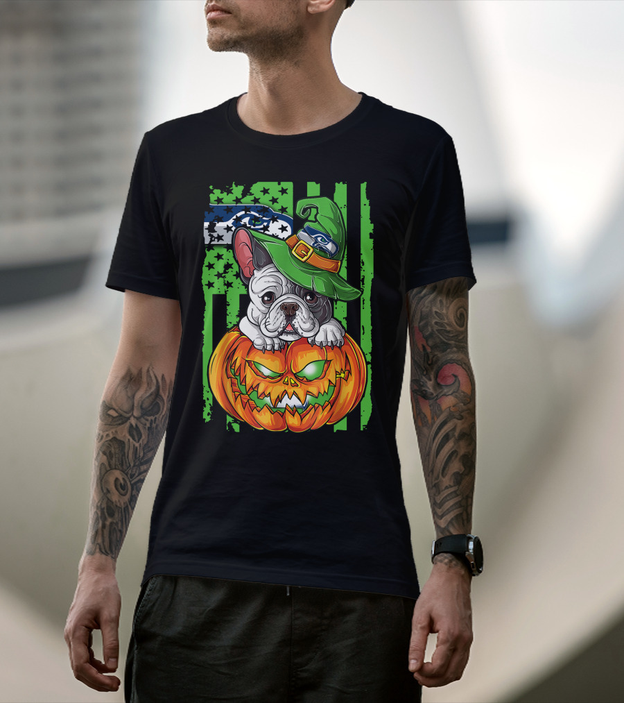 Hlw Bulldog Seattle Seahawks Halloween Pumpkin Wizard Hat T-Shirt